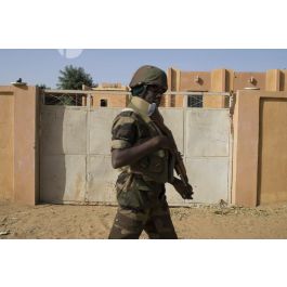 ImagesDéfense - Un soldat nigérien patrouille devant une porte marquée ...